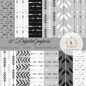 Arrow Black, Grey and White Digital Paper Pattern - Arrow Pattern for ...