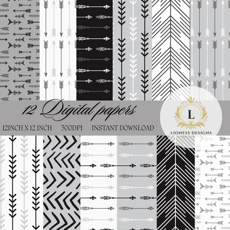 Arrow Black, Grey and White Digital Paper Pattern - Arrow Pattern for ...