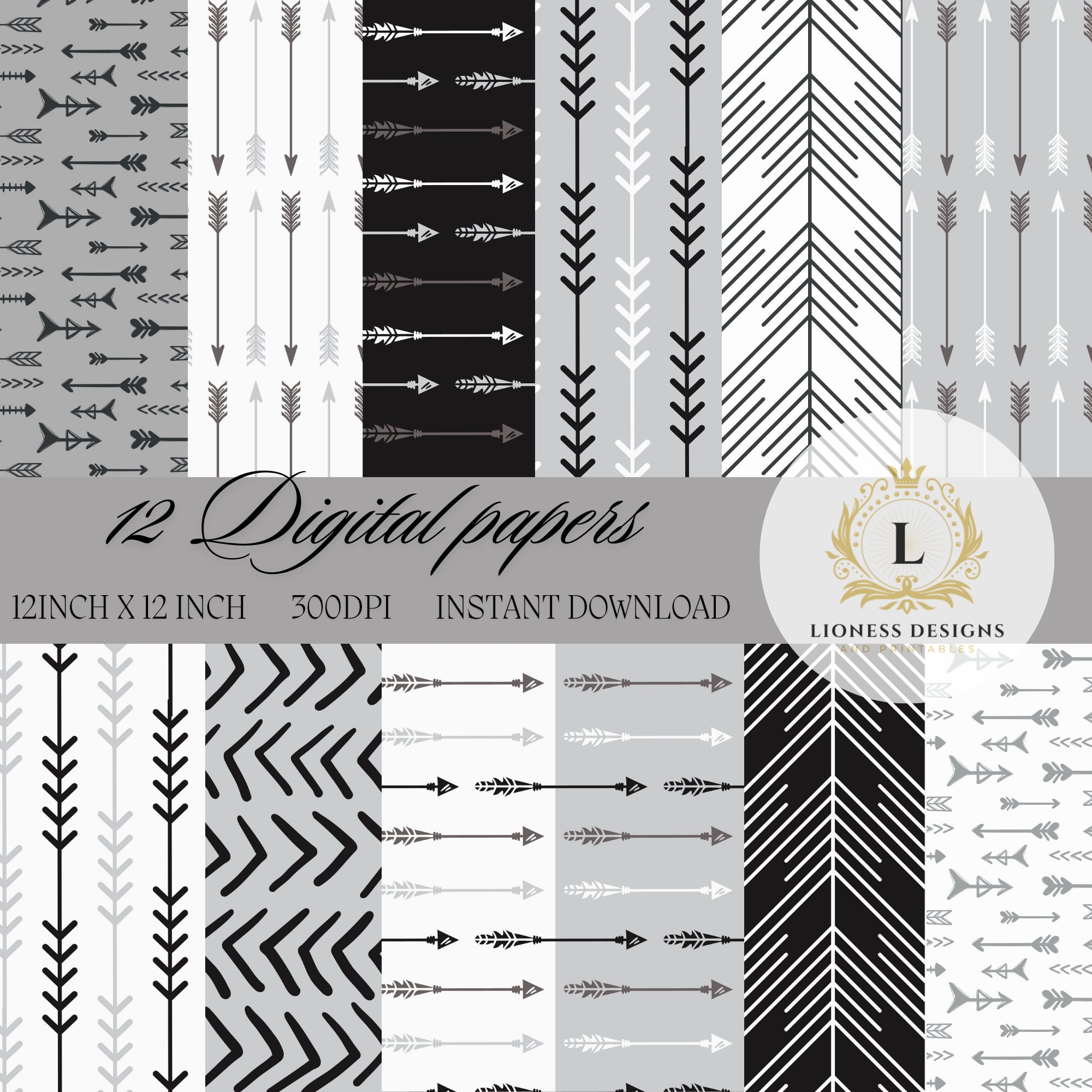 Arrow Black, Grey and White Digital Paper Pattern Arrow Pattern for ...