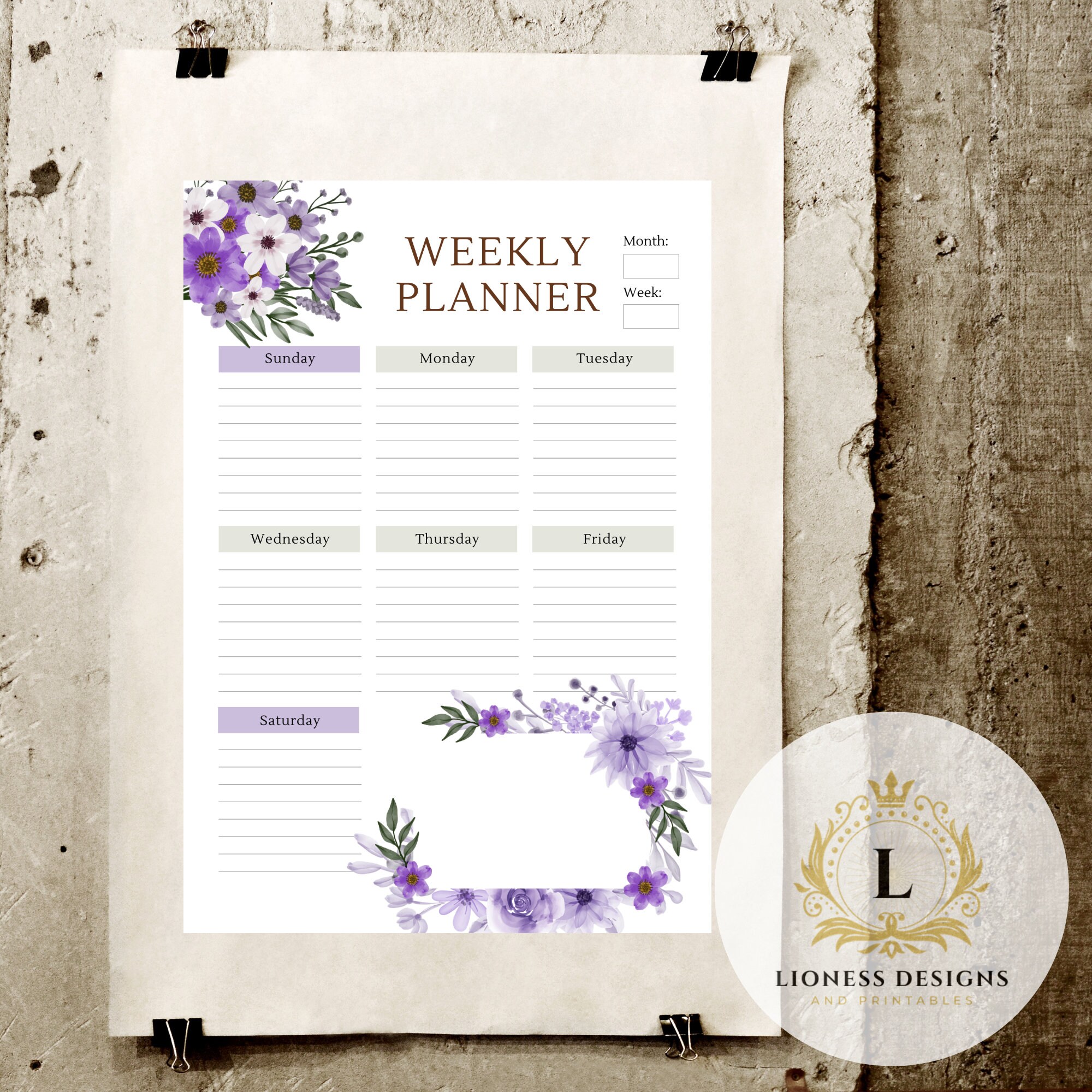 Purple Flower Weekly Planner Printable - Etsy