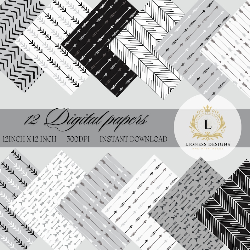Arrow Black, Grey and White Digital Paper Pattern - Arrow Pattern for ...