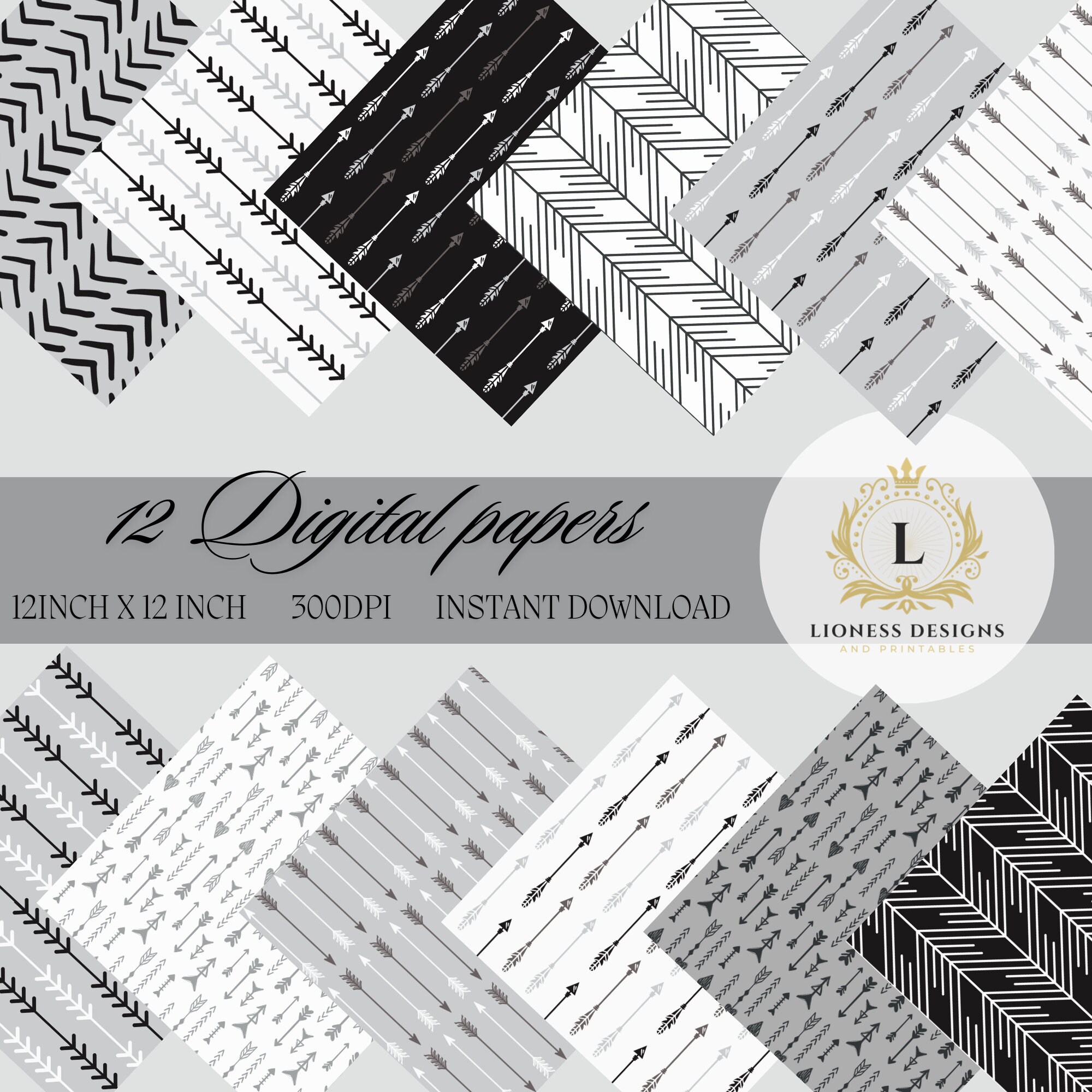 Arrow Black, Grey and White Digital Paper Pattern Arrow Pattern for ...