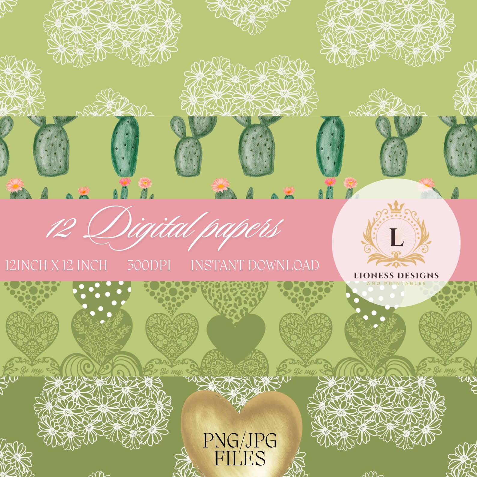 Valentine Seamless Digital Paper, Green Floral Heart Pattern ...