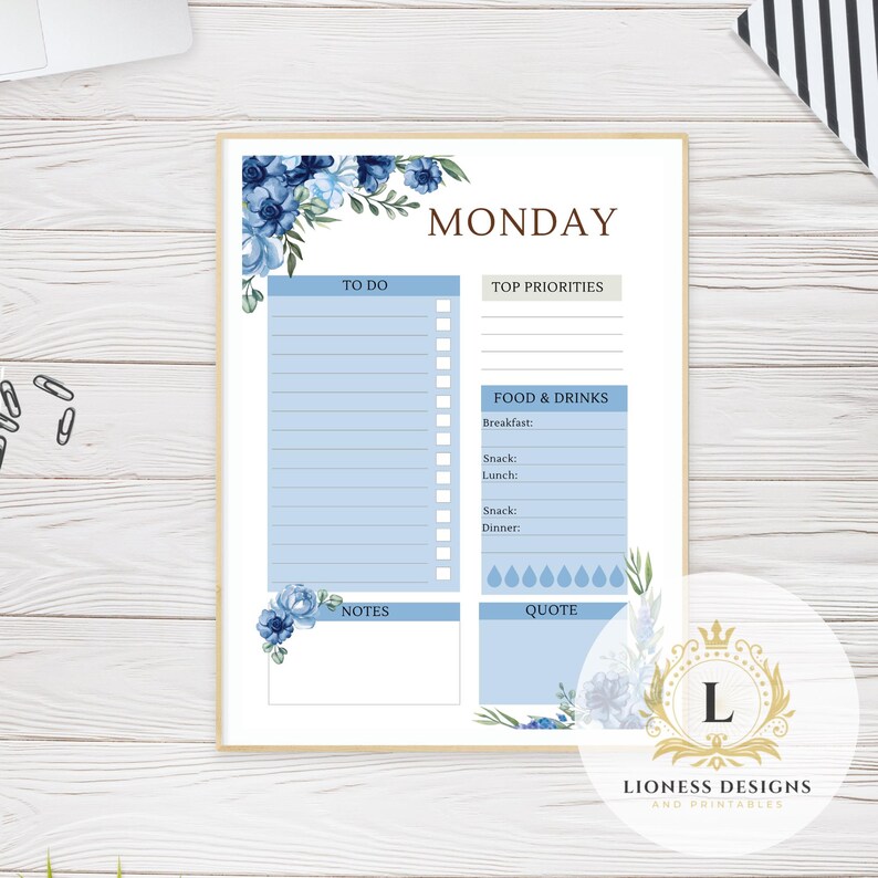 Blue Flower Daily Planner Printable - Etsy