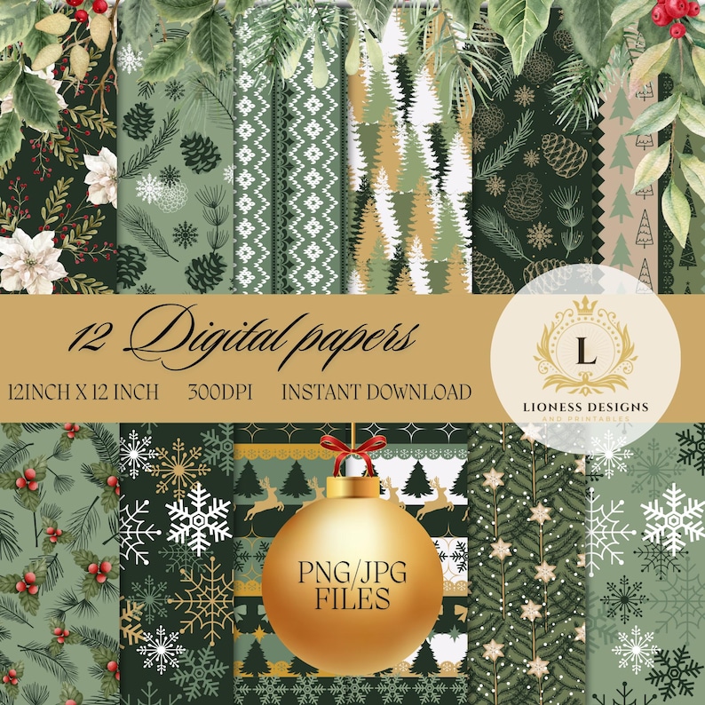Evergreen Christmas Seamless Patterns, Green and Beige, Seasonal ...