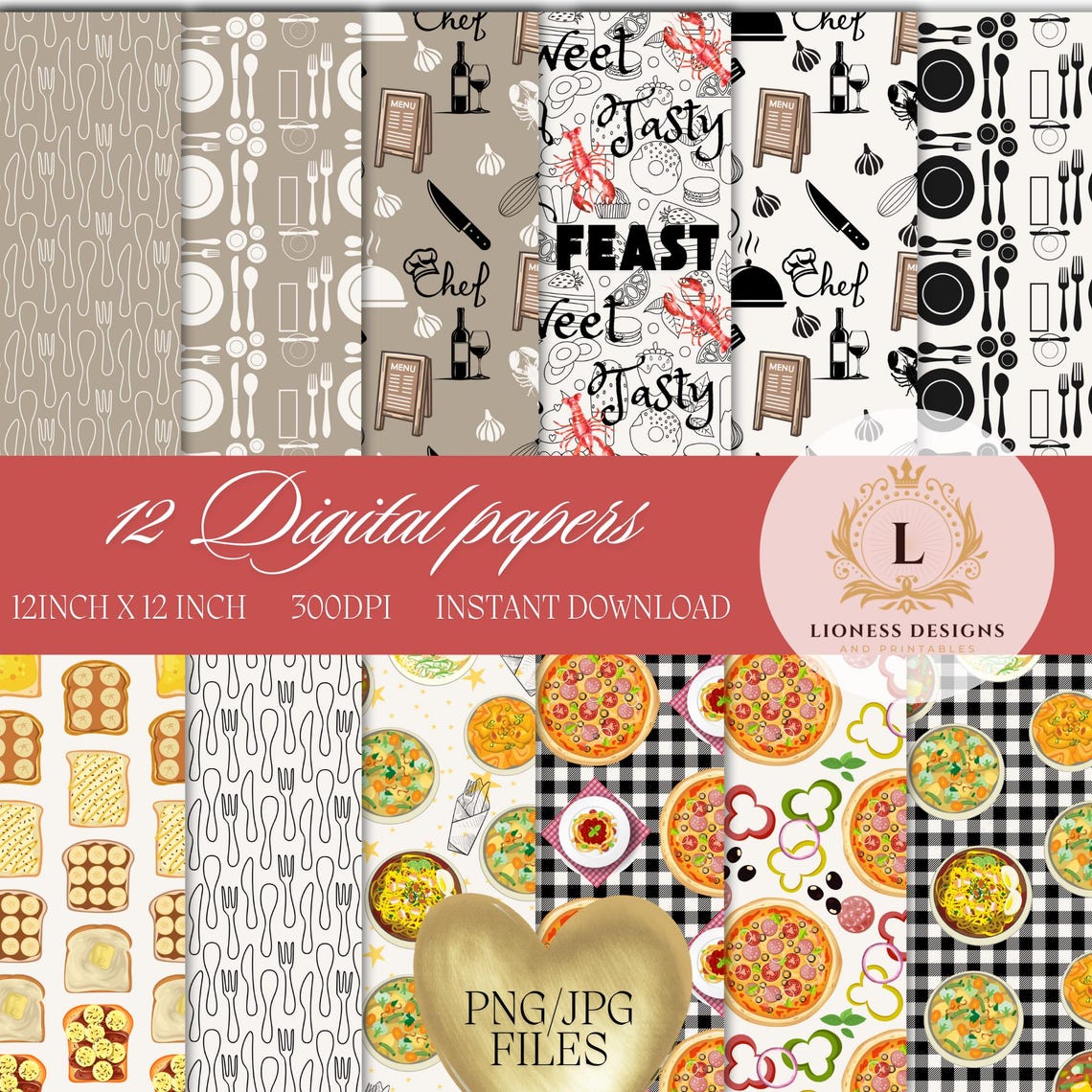 Restaurant Food Seamless Patterns, Black White and Beigh, Scrapbooking ...