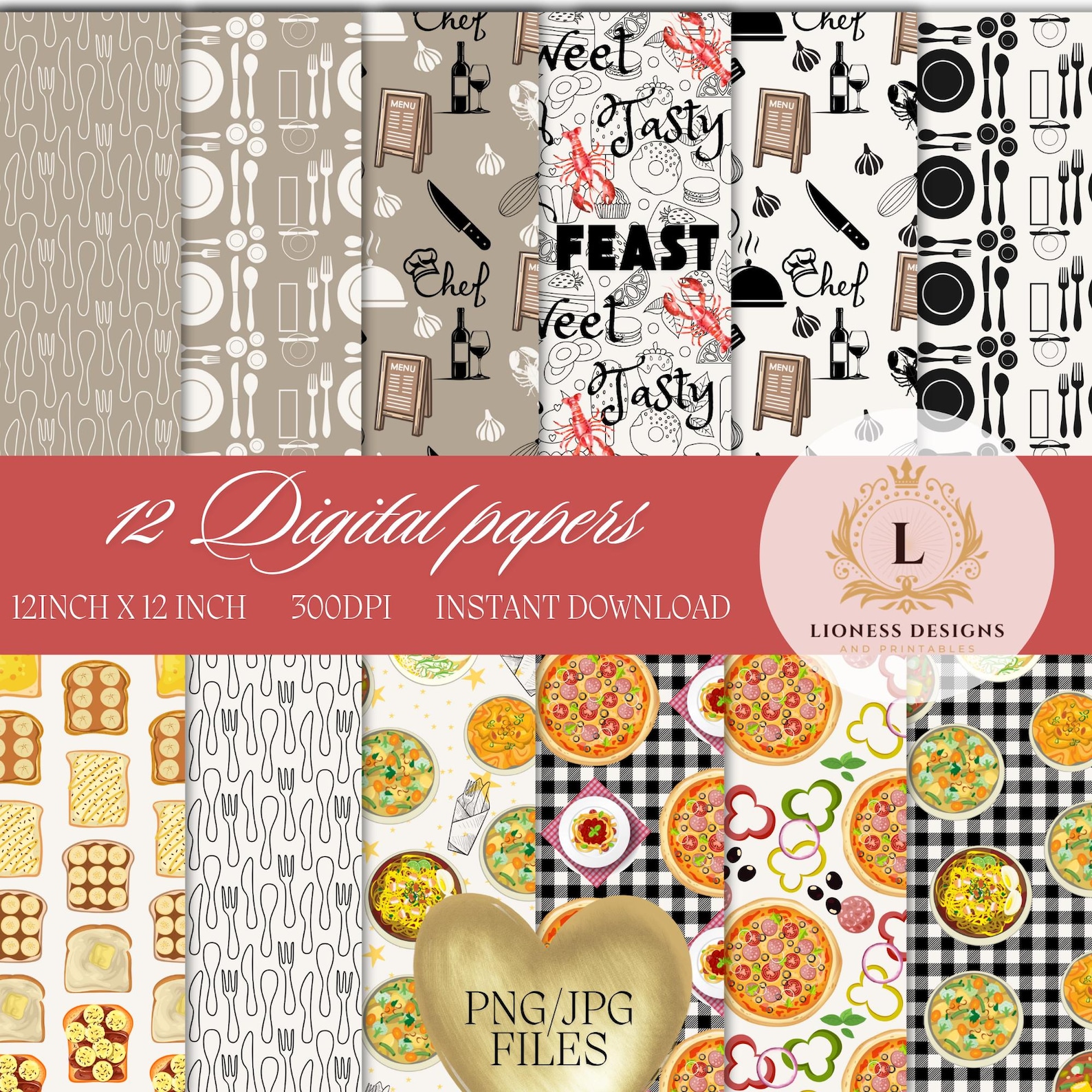 Restaurant Food Seamless Patterns, Black White and Beigh, Scrapbooking ...