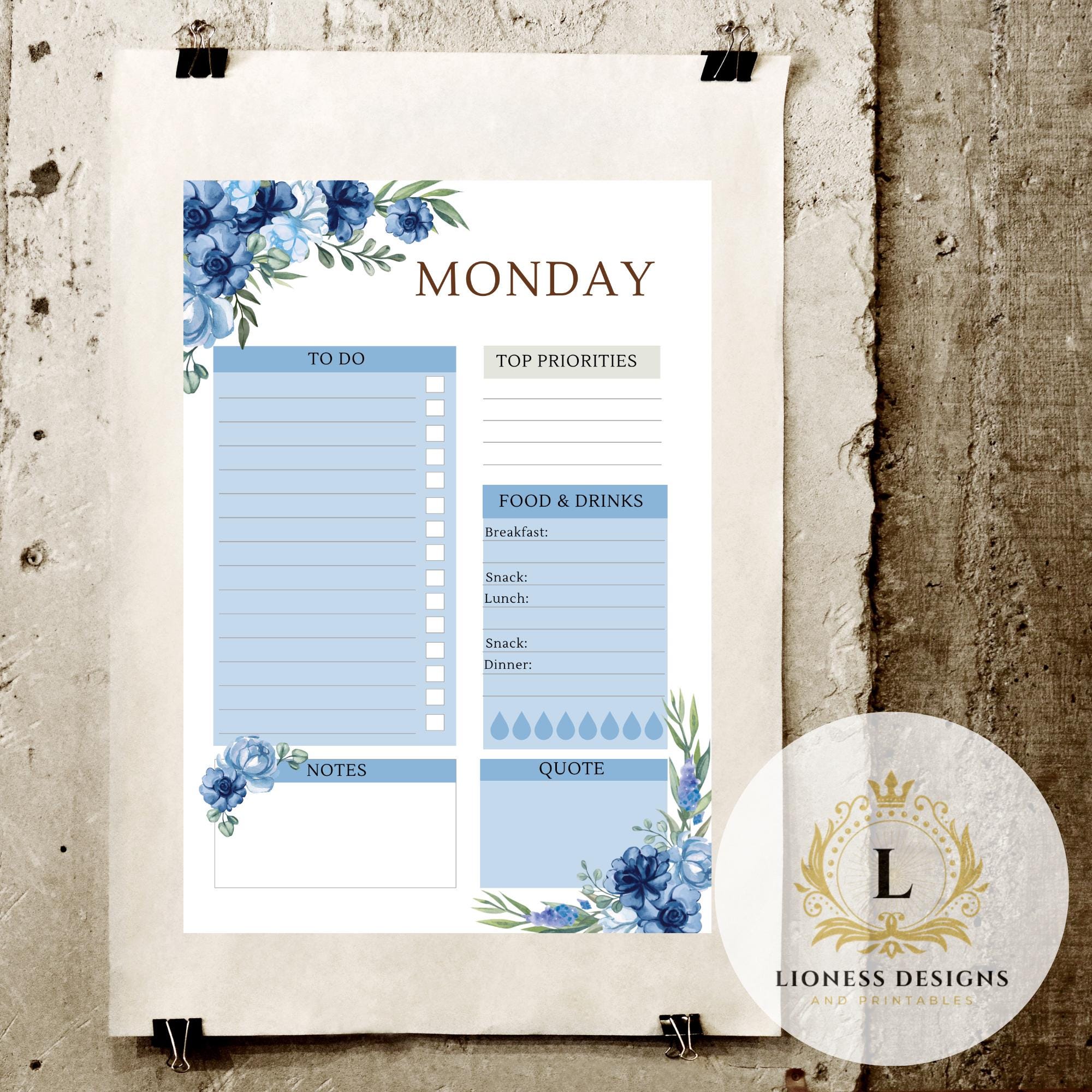 Blue Flower Daily Planner Printable - Etsy