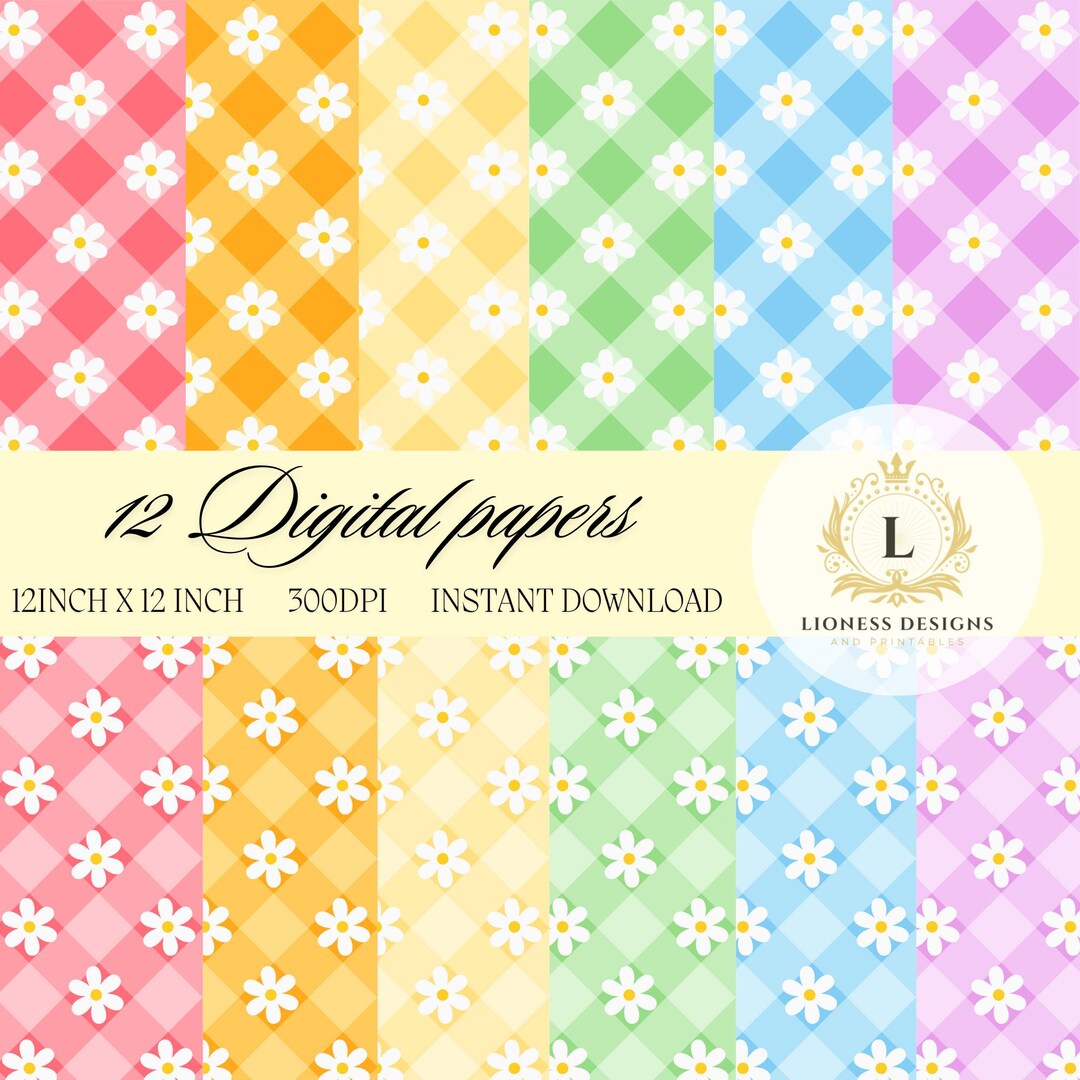 Daisy and Gingham Seamless Digital Paper Pattern - Multicolor Daisy ...