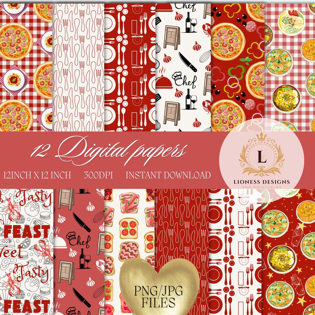 Restaurant Food Seamless Patterns: Scrapbooking Digital Paper (PNG ...