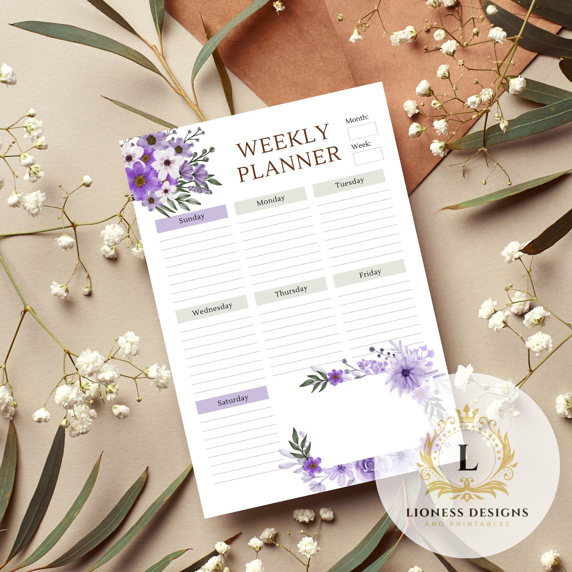 Purple Flower Weekly Planner Printable - Etsy