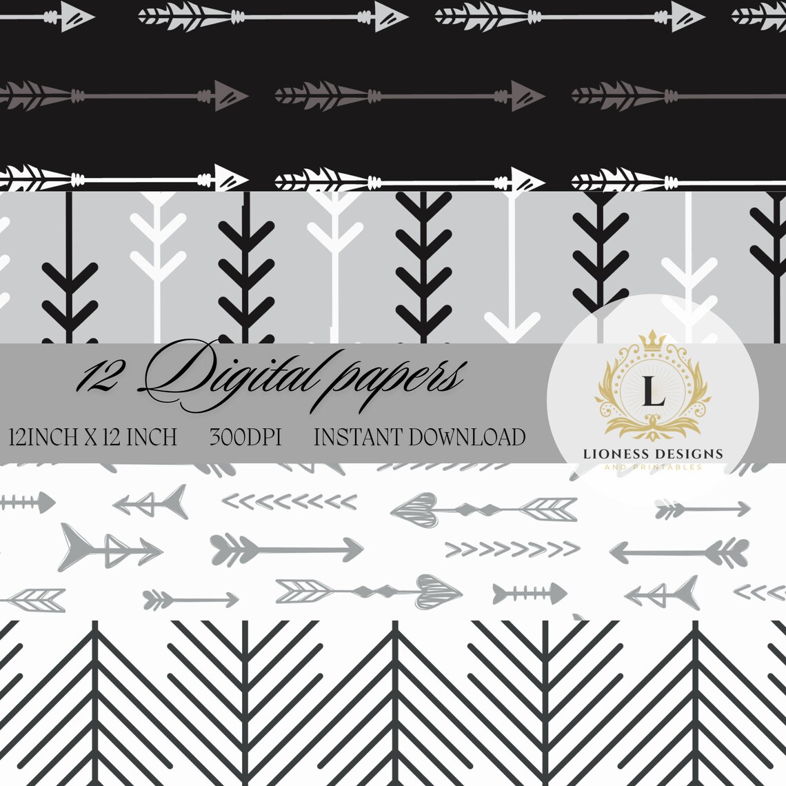 Arrow Black, Grey and White Digital Paper Pattern Arrow Pattern for ...