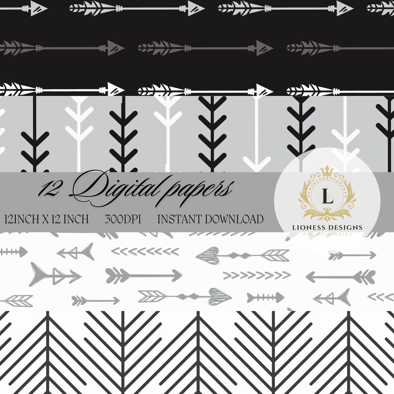 Arrow Black, Grey and White Digital Paper Pattern - Arrow Pattern for ...