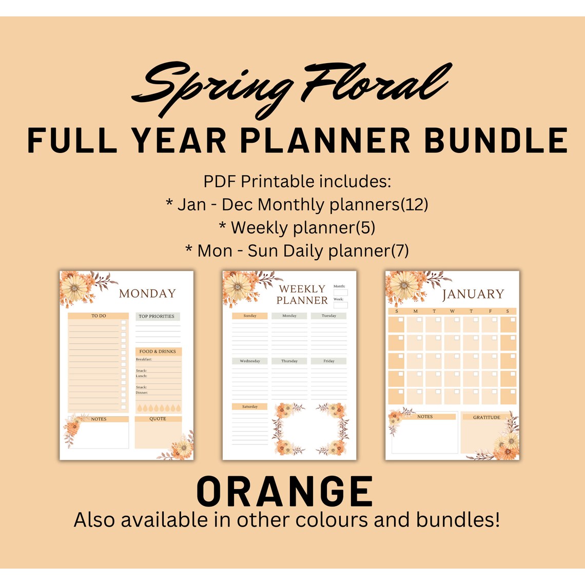 Orange Flower Full Yearly Planner Printable - Etsy