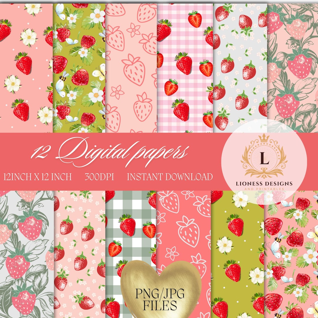Strawberry Digital Paper Pack, Seamless Scrapbook Backgrounds (digital ...
