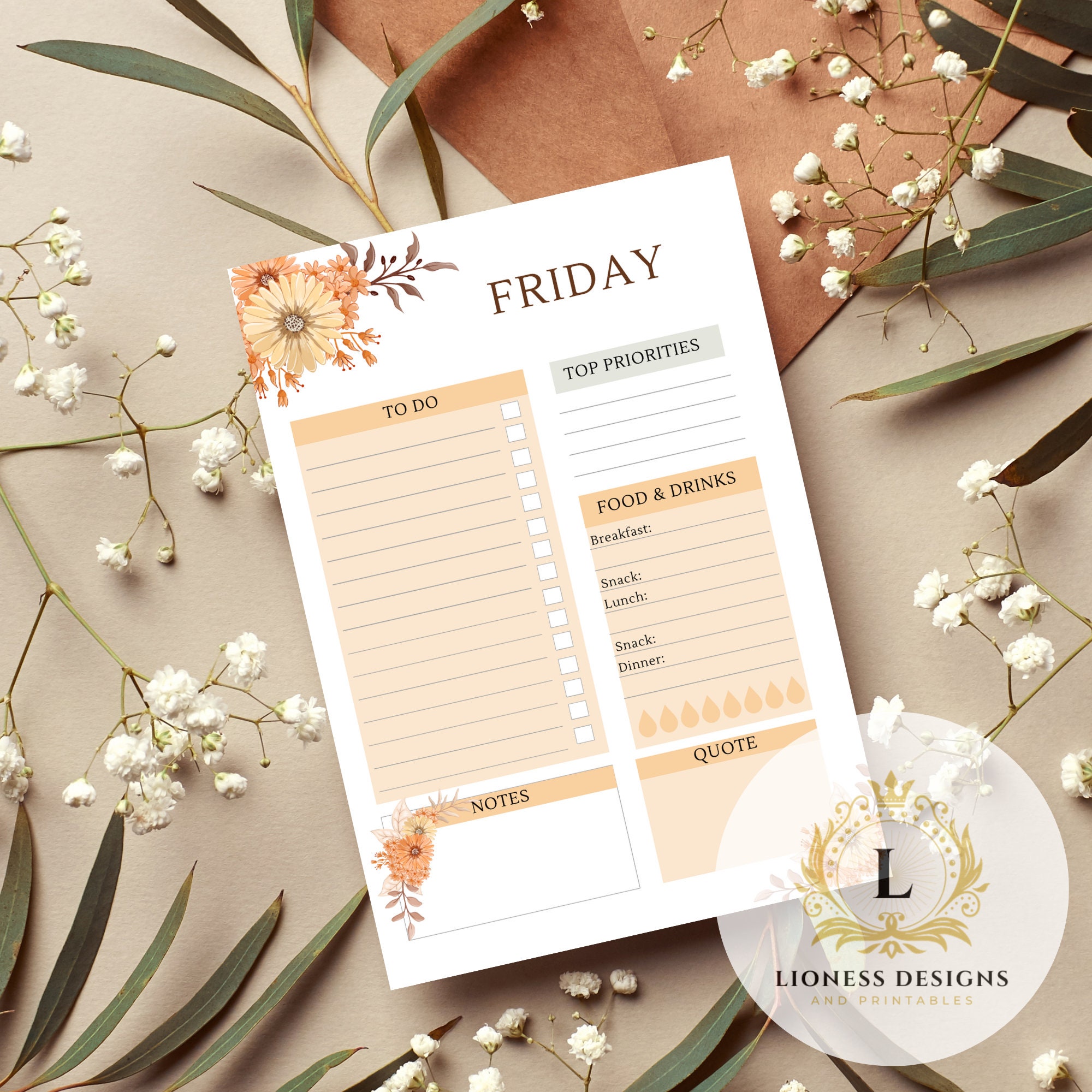Orange Flower Daily Planner Printable - Etsy