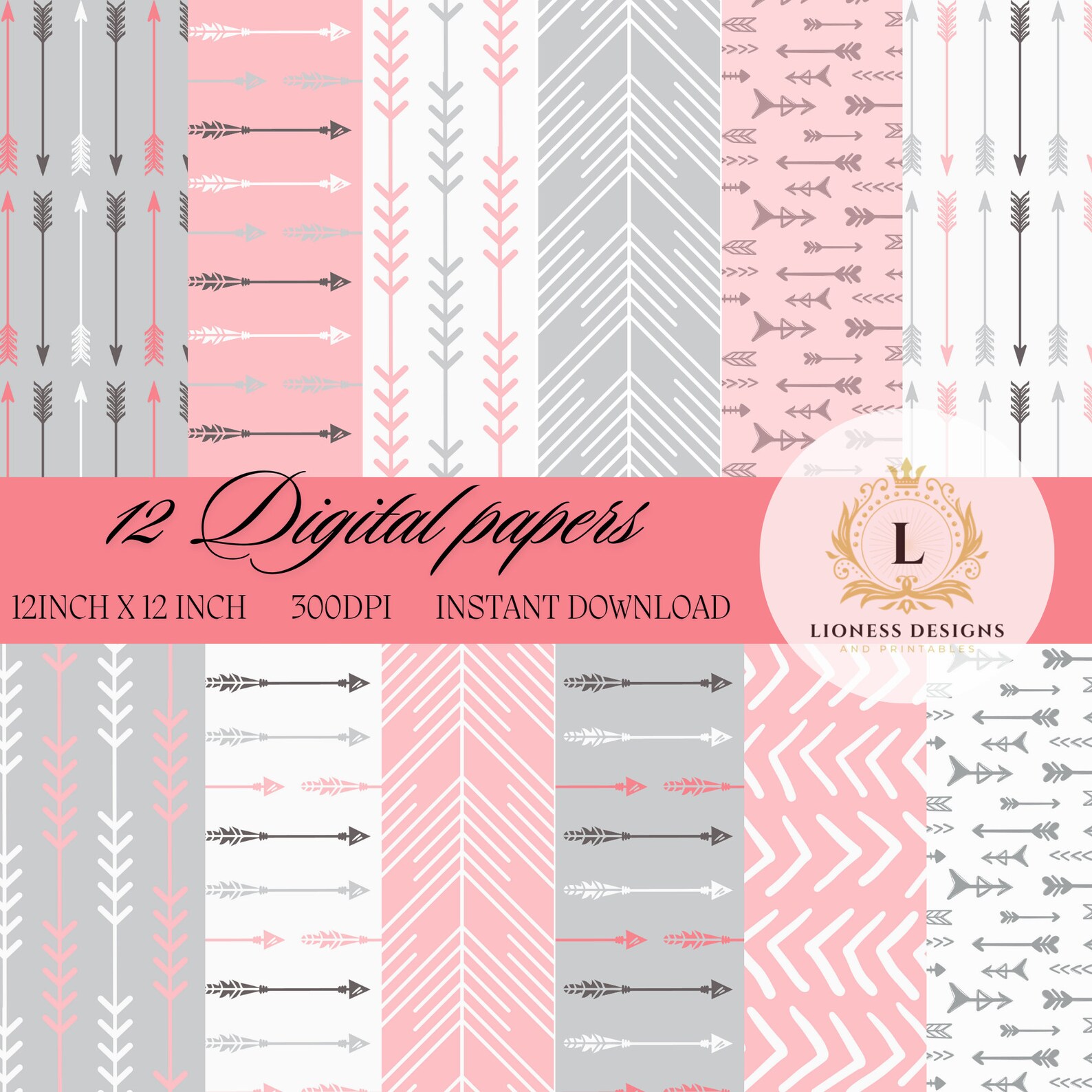 Arrow Pink & Gray Digital Paper: Scrapbook Pattern (digital Download ...