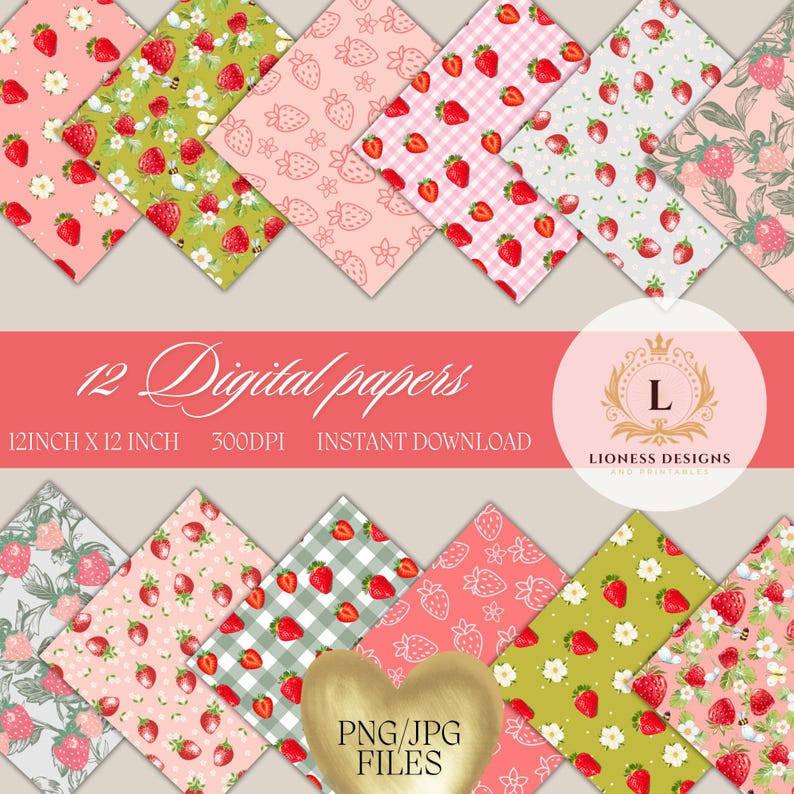Strawberry Digital Paper Pack, Seamless Scrapbook Backgrounds (digital ...