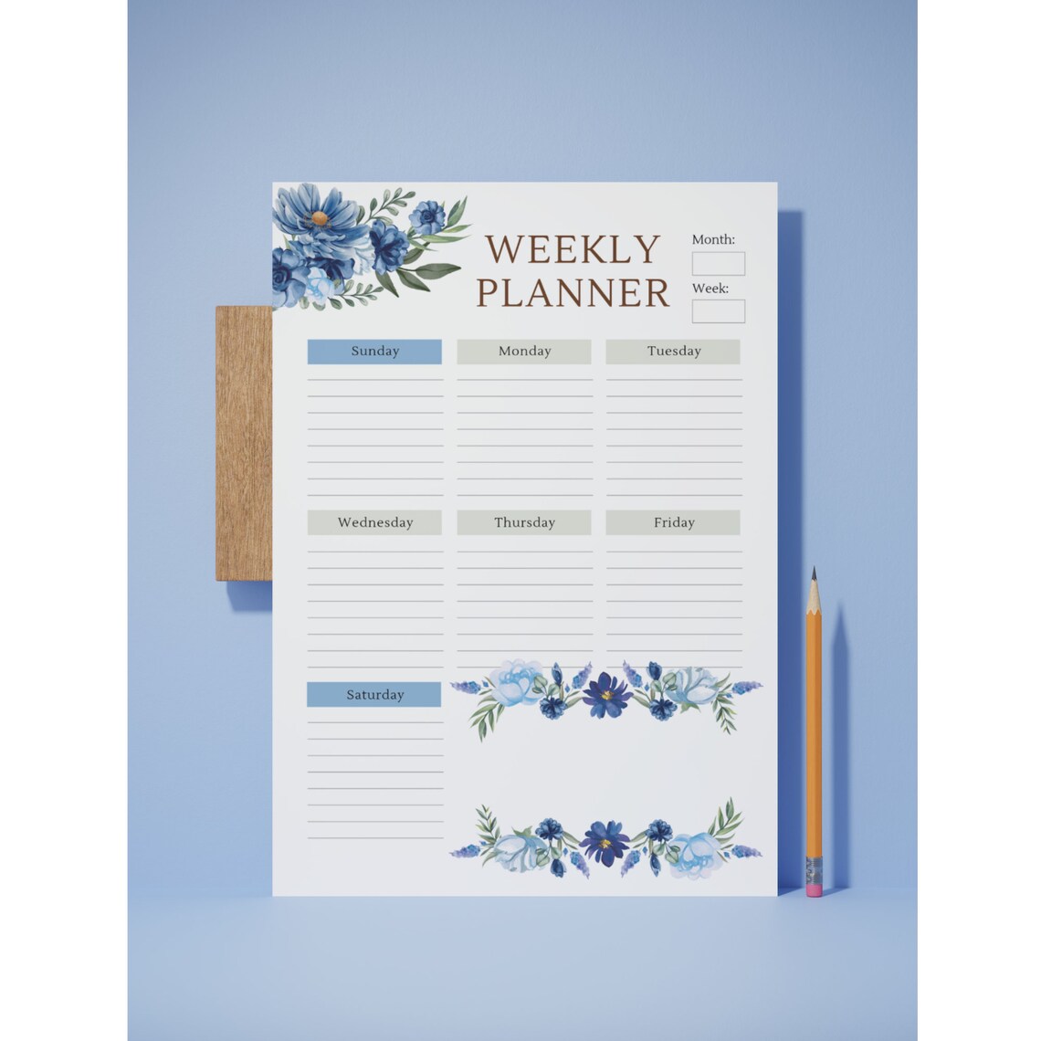 Blue Flower Weekly Planner Printable - Etsy