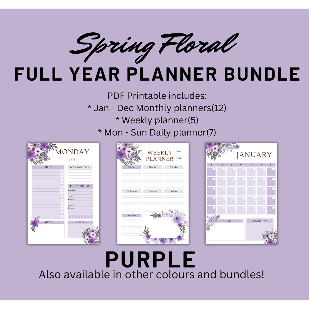 Purple Flower Full Yearly Planner Printable - Etsy