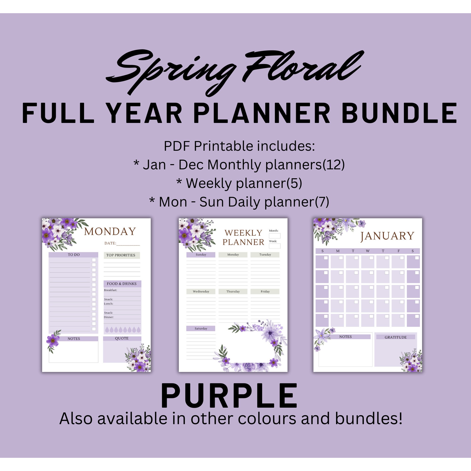 Purple Flower Full Yearly Planner Printable - Etsy