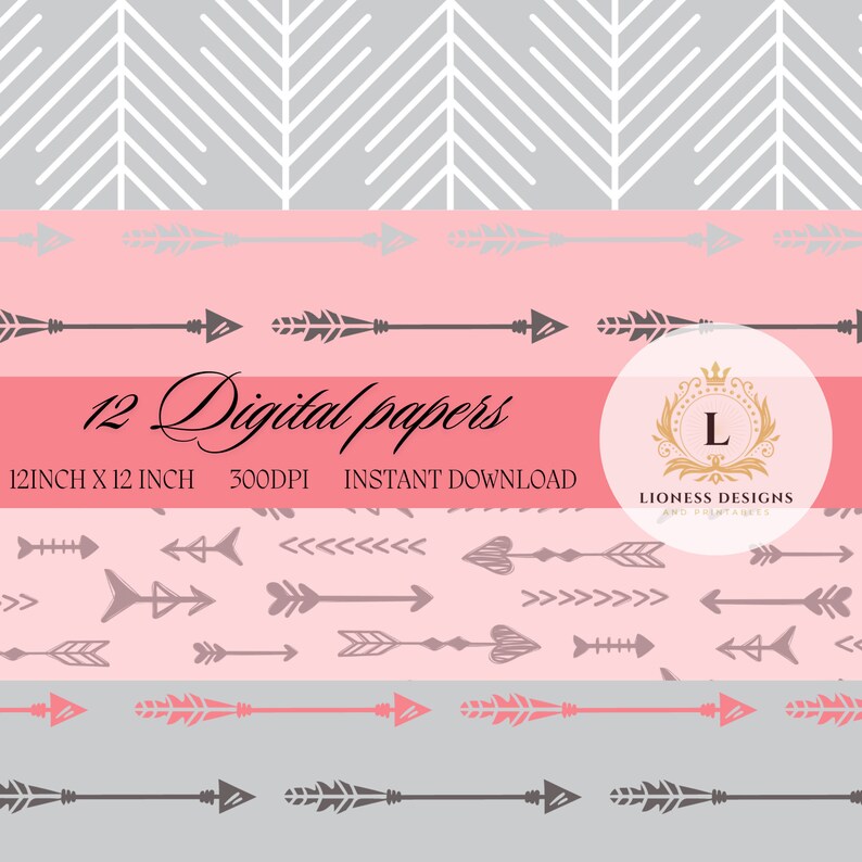 Arrow Pink and Grey Digital Paper Pattern - Arrow Pattern for Personal ...