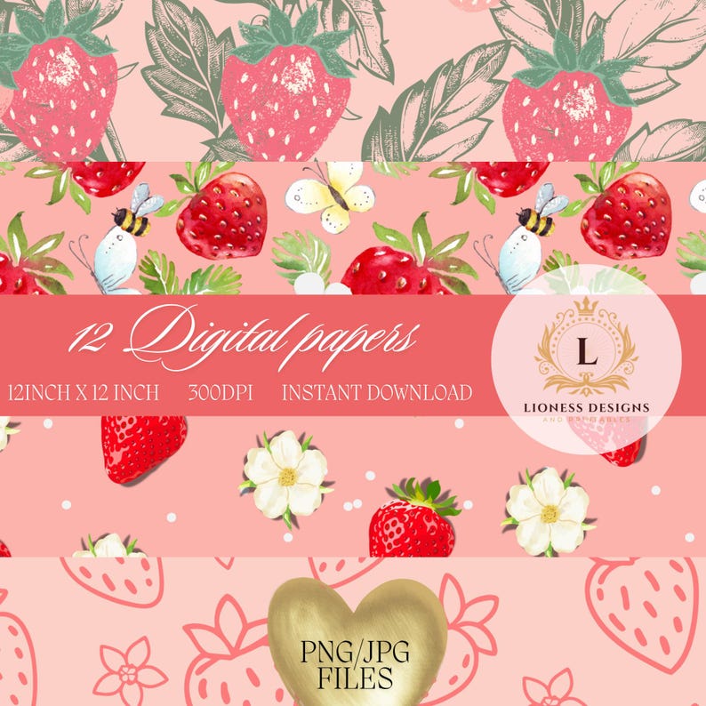 Strawberry Digital Paper Pack, Seamless Scrapbook Backgrounds (digital ...