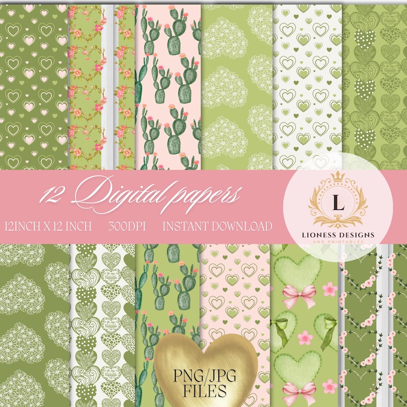 Valentine Seamless Digital Paper, Green Floral Heart Pattern ...