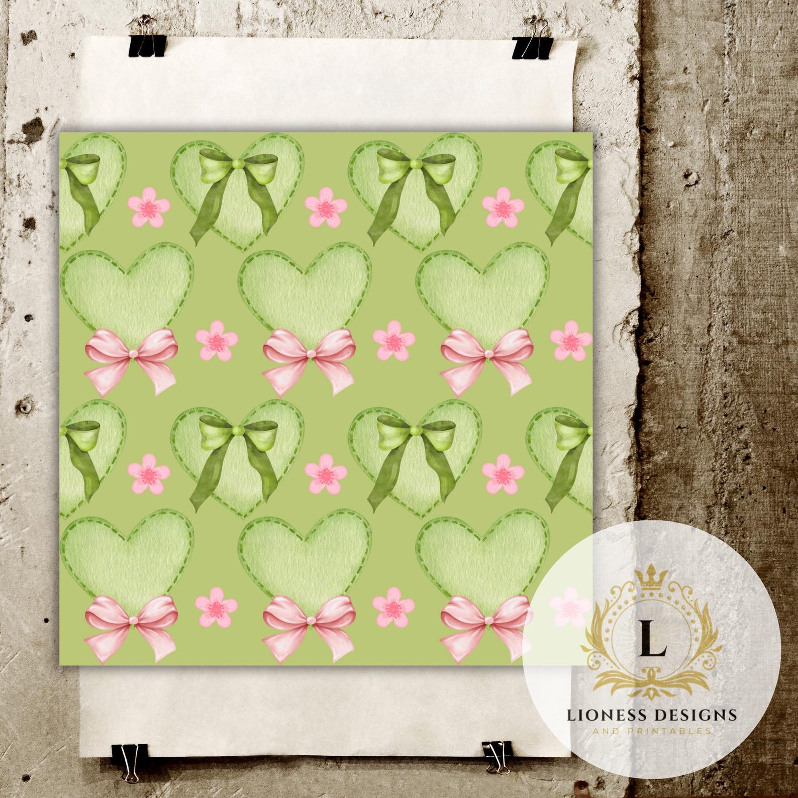 Valentine Seamless Digital Paper, Green Floral Heart Pattern ...