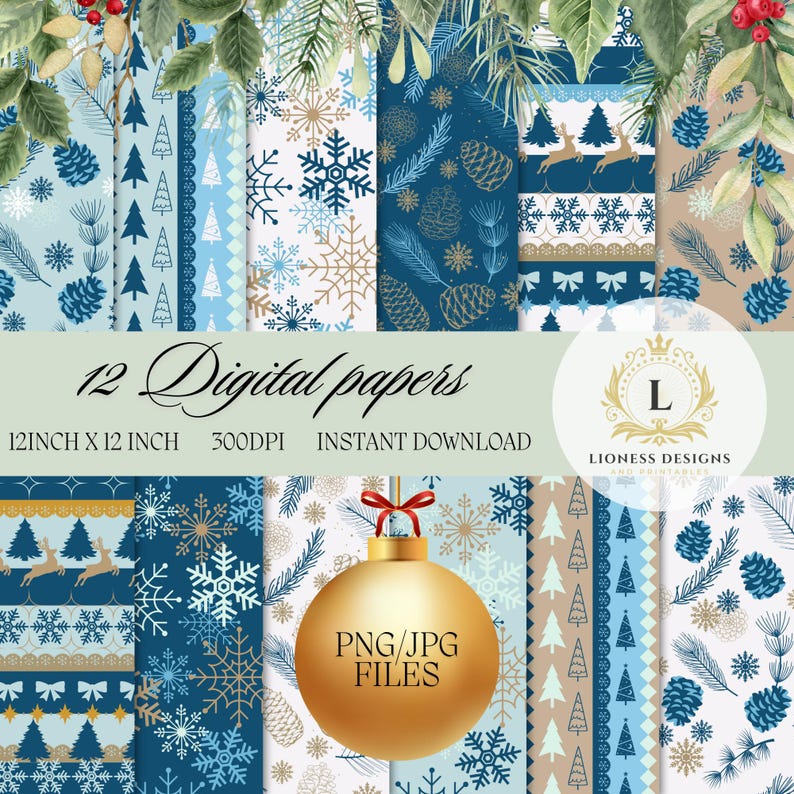 Snowy Christmas Seamless Patterns, Beige, Blue and White, Seasonal ...