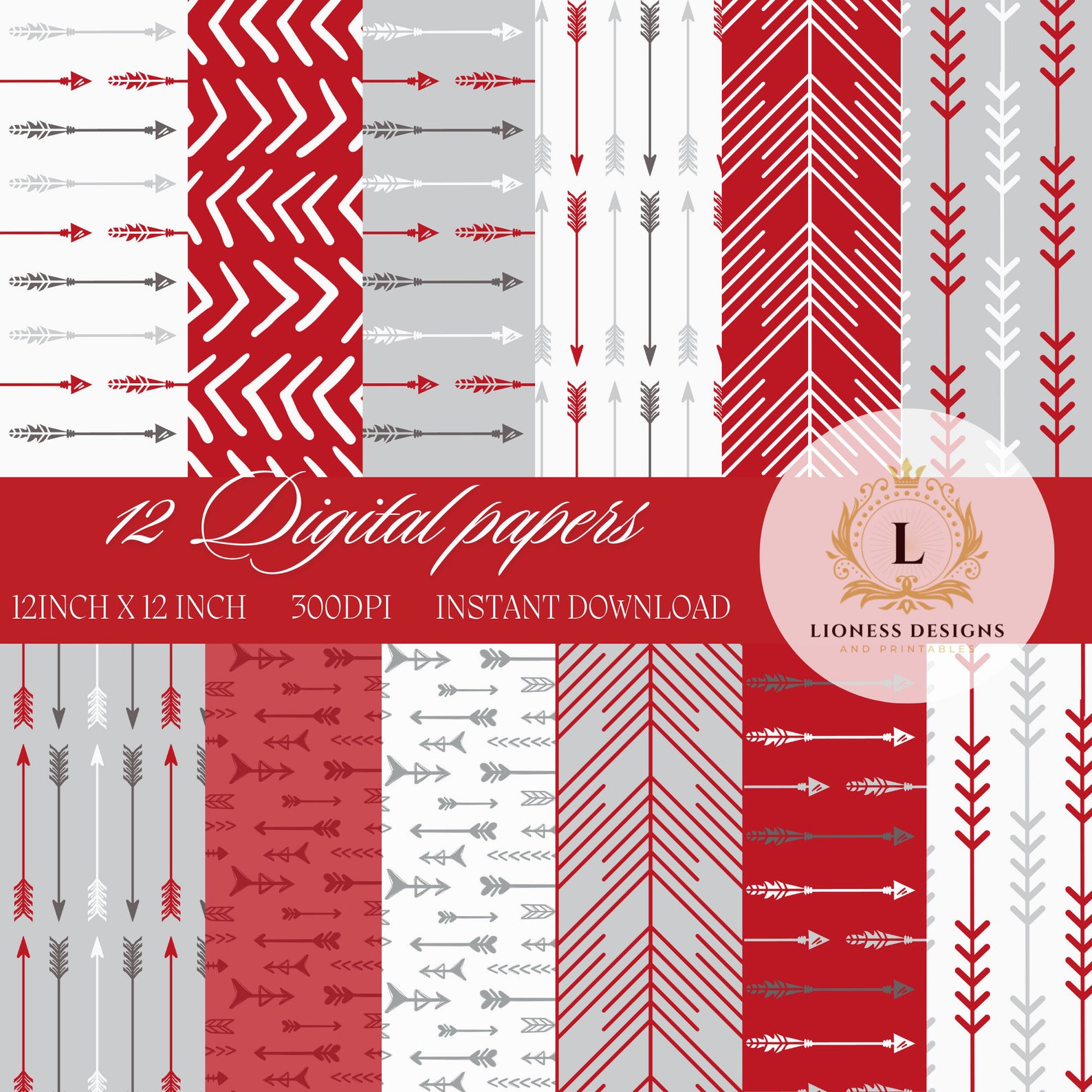 Arrow Red and Grey Digital Paper Pattern - Arrow Pattern for Personal ...