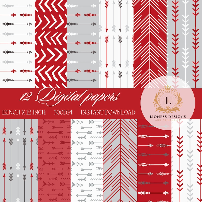 Arrow Red and Grey Digital Paper Pattern - Arrow Pattern for Personal ...