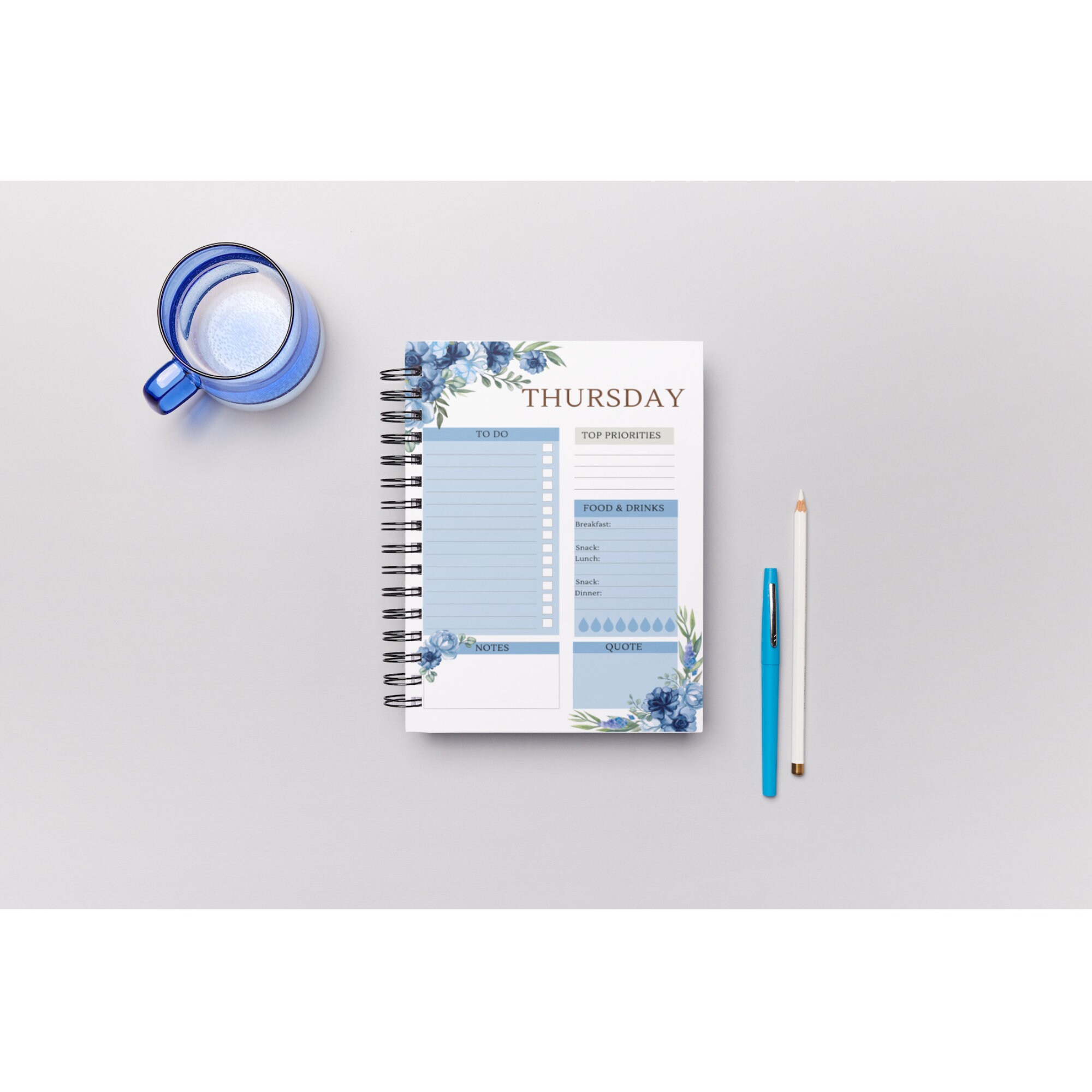 Blue Flower Daily Planner Printable - Etsy