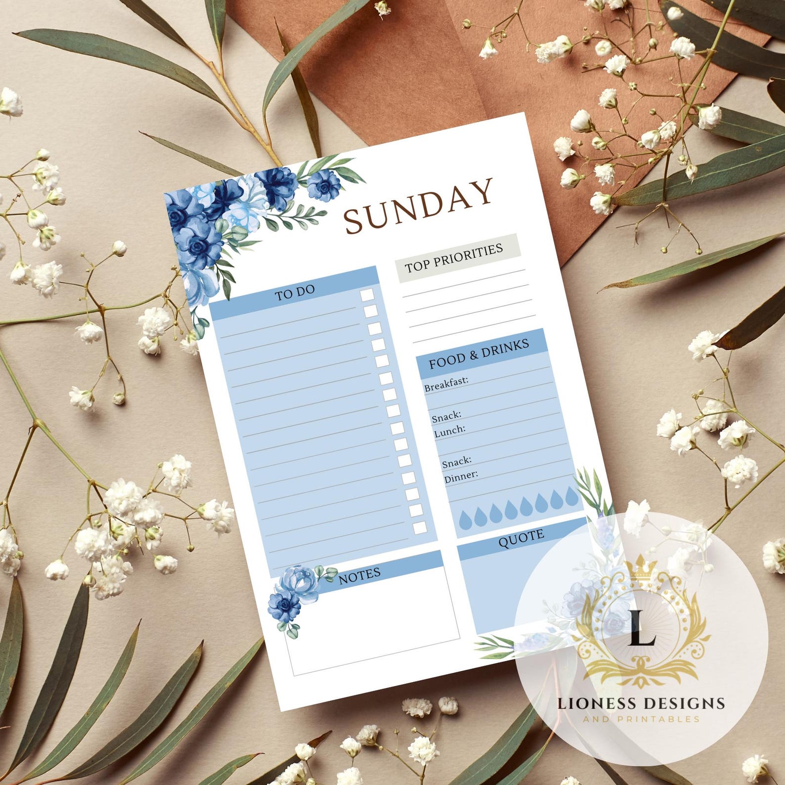 Blue Flower Daily Planner Printable - Etsy