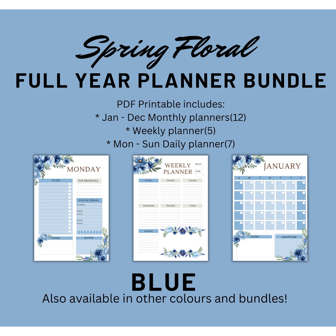 Blue Flower Full Yearly Planner Printable - Etsy
