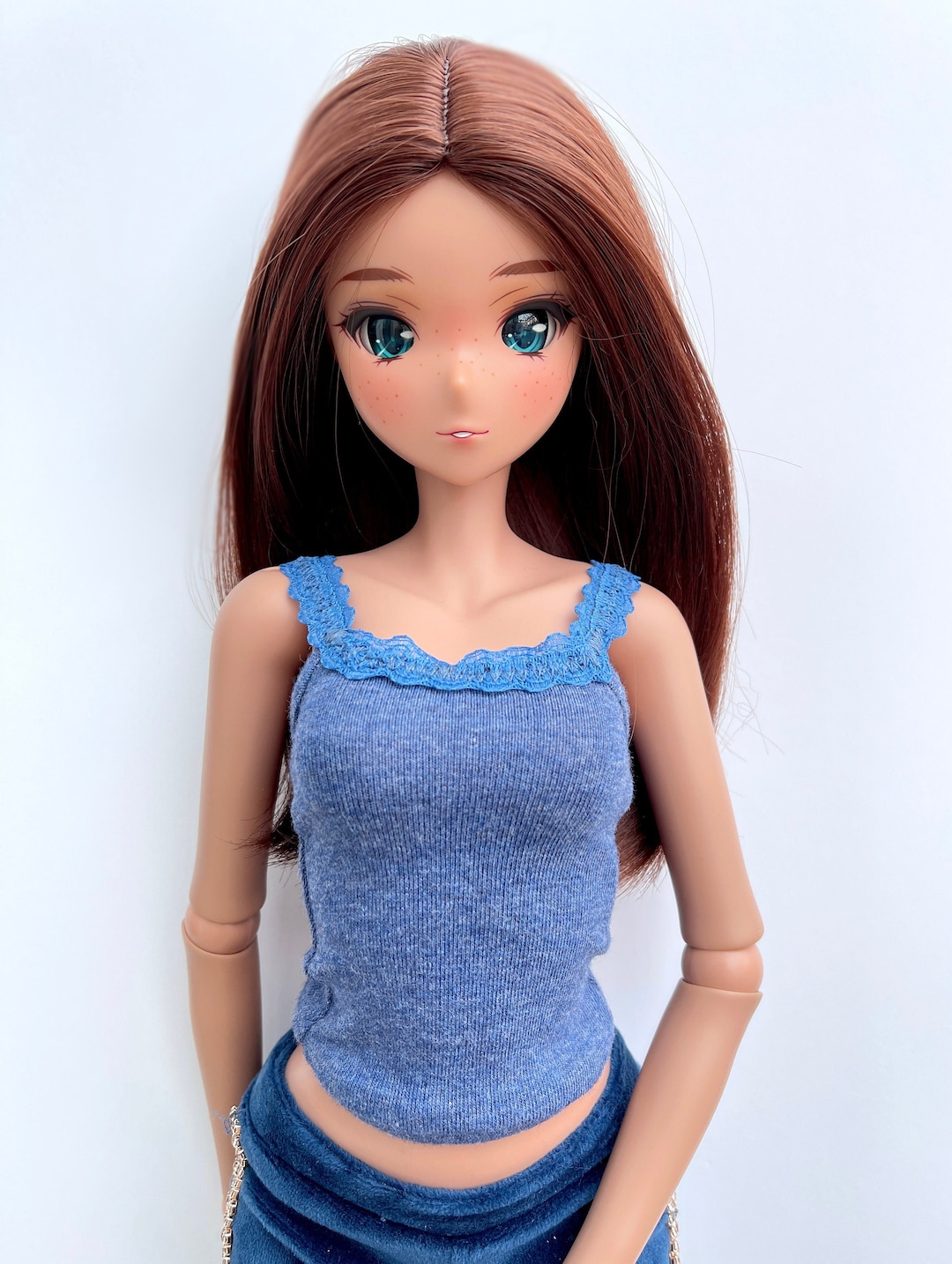 Smart Doll Lace Edge Top Vest Top Cute Tank Blue Stretch Soft Jersey Hemband Edging Detail