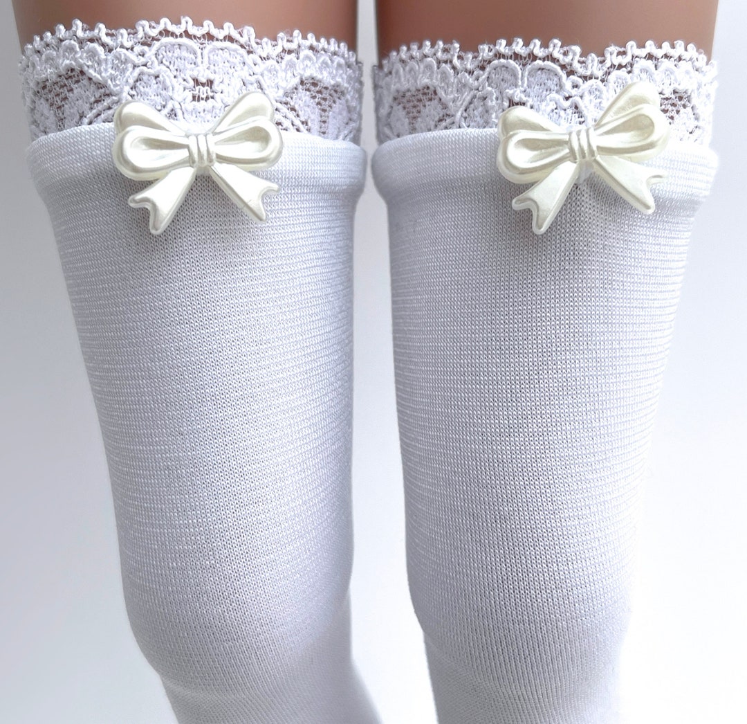 Smart Doll Over the Knee Socks With Bows, Thigh High, White Lace Top ...