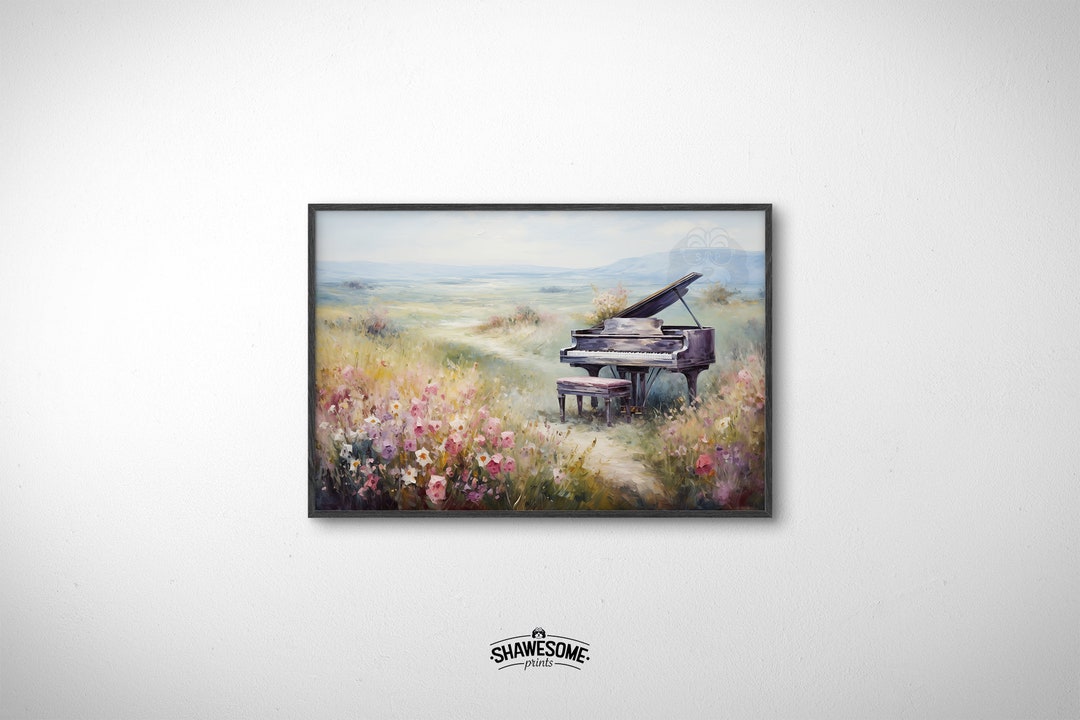 Vintage Oil Painting of a Grand Piano, Field of Wildflowers, Beautiful ...