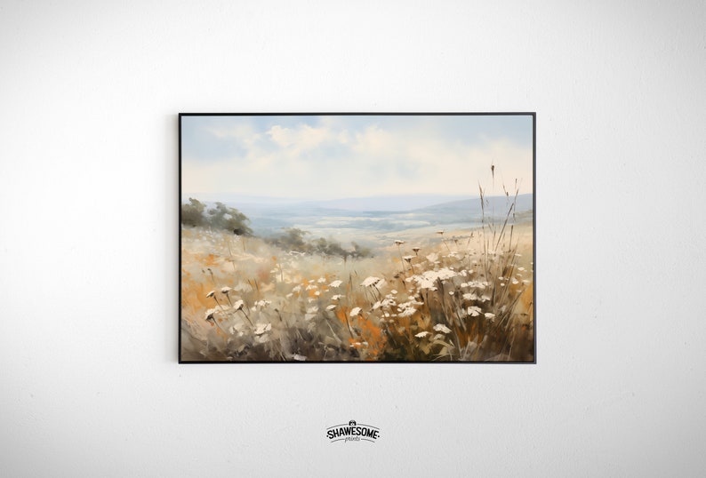 Vintage Wildflower Field Oil Painting: Hillside Landscape Art (digital ...