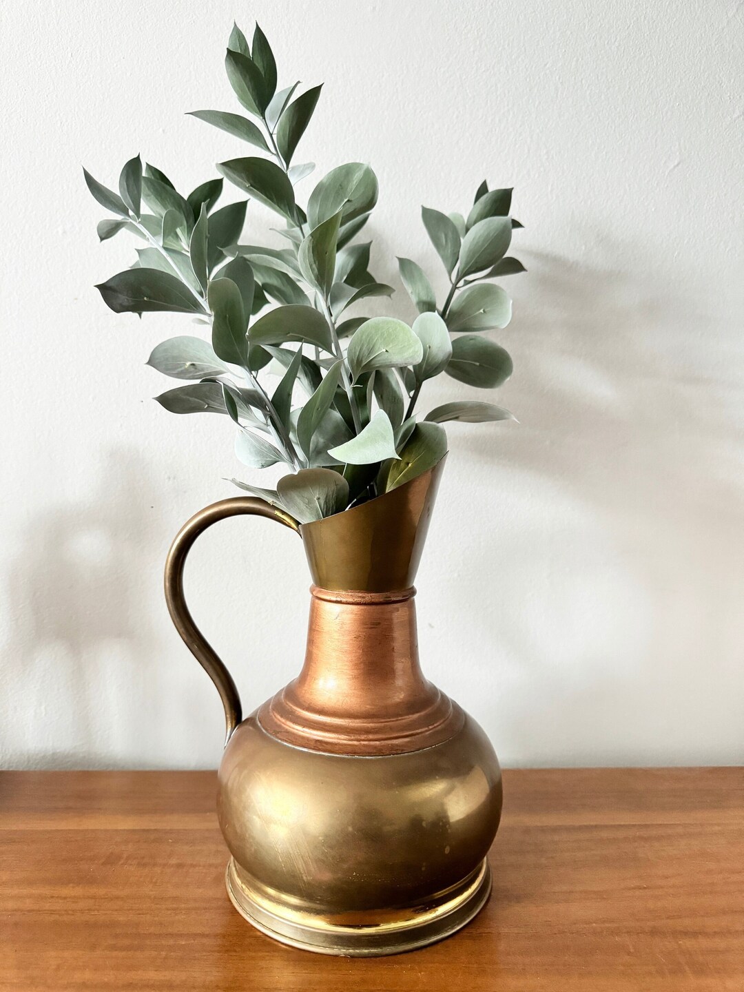 Vintage Brass + Copper Decorative Pitcher, Water Jug | MCM Brass Copper ...