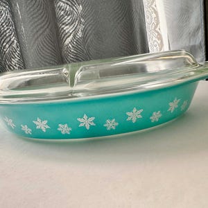 Vintage Pyrex Turquoise Snowflake 1-1/2 Qt Oval Divided Casserole Dish ...
