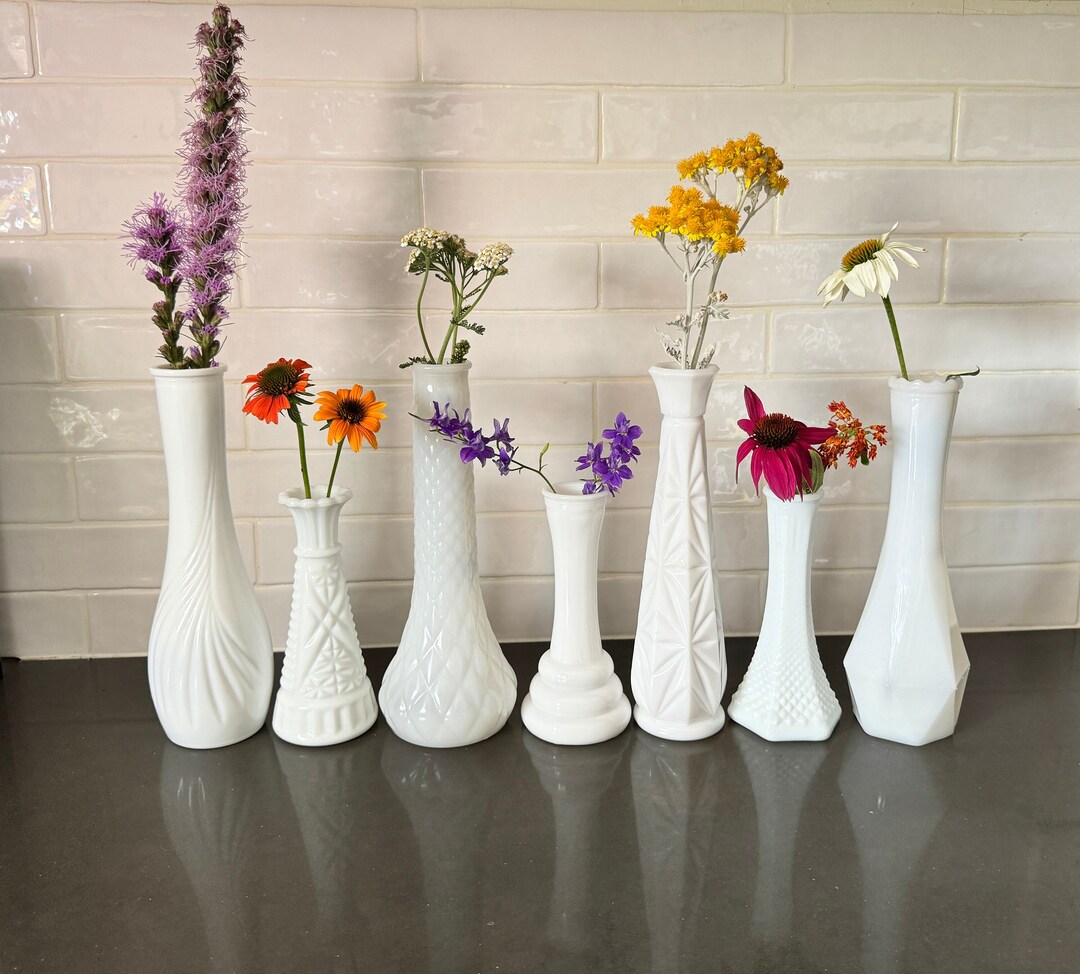 Lot of 7 Vintage Milk Glass Bud Vases Wedding Decor Mix and Match E.O ...