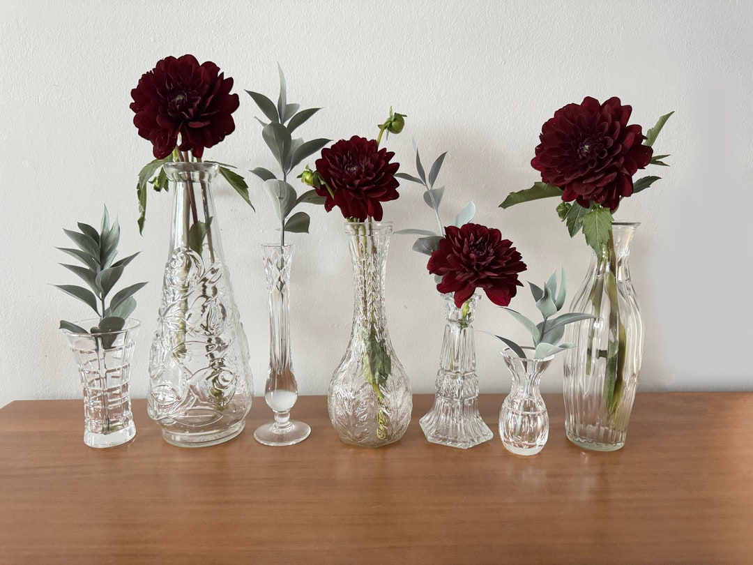 Set of 7 Vintage Mismatched Clear Glass + Crystal Bud Vases | Wedding ...