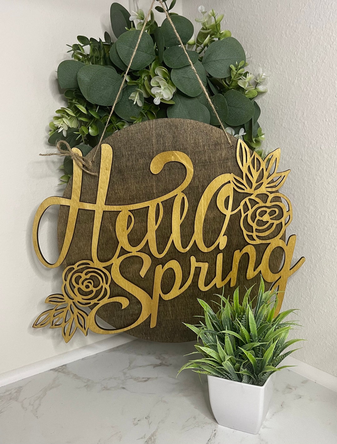 Wood Wall Decor Hello Spring Design, Plywood Round Picture Size 11.81in ...