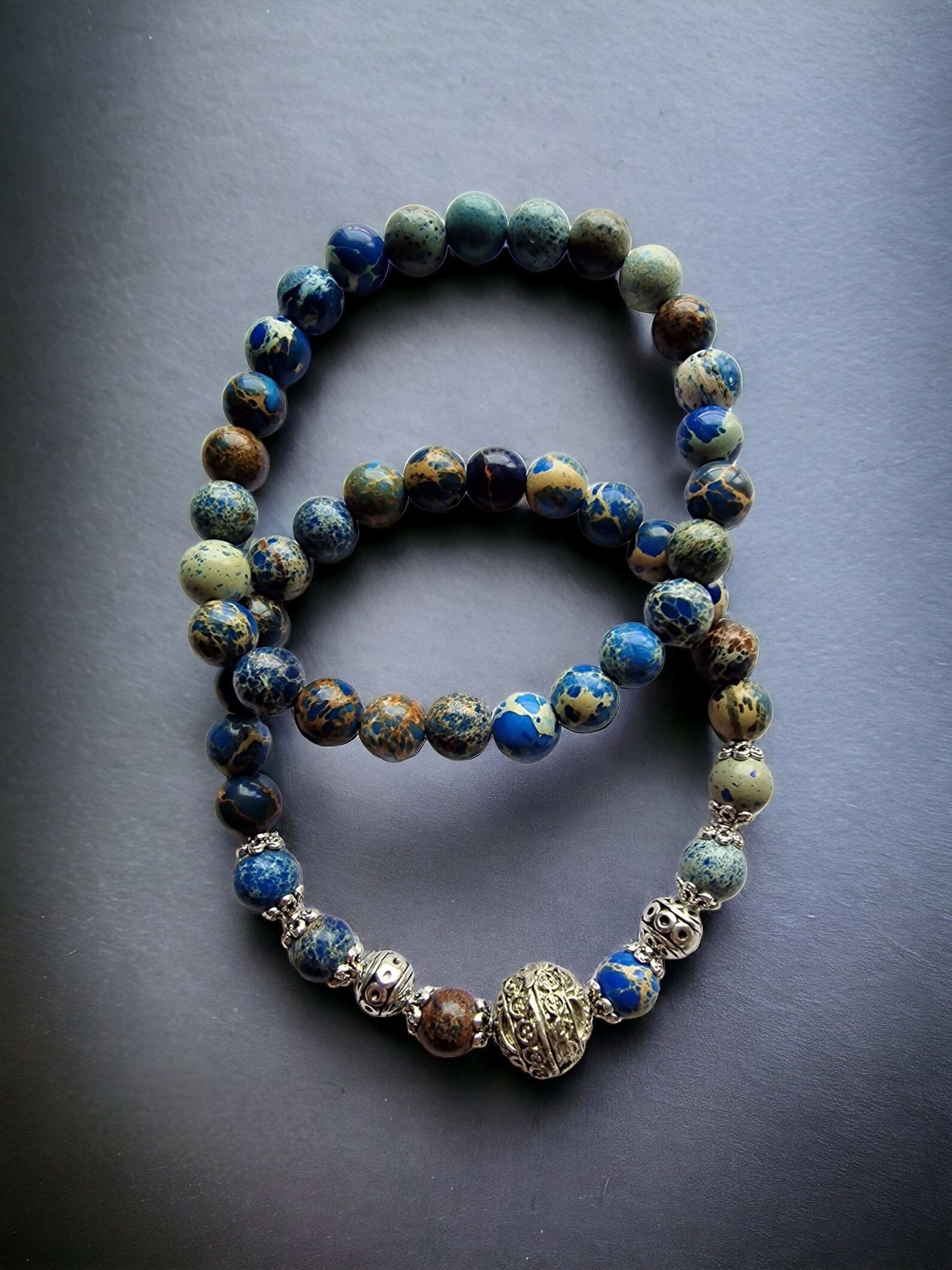 Handmade Natural Blue Imperial Jasper Stone Bracelet Set of Two With a ...