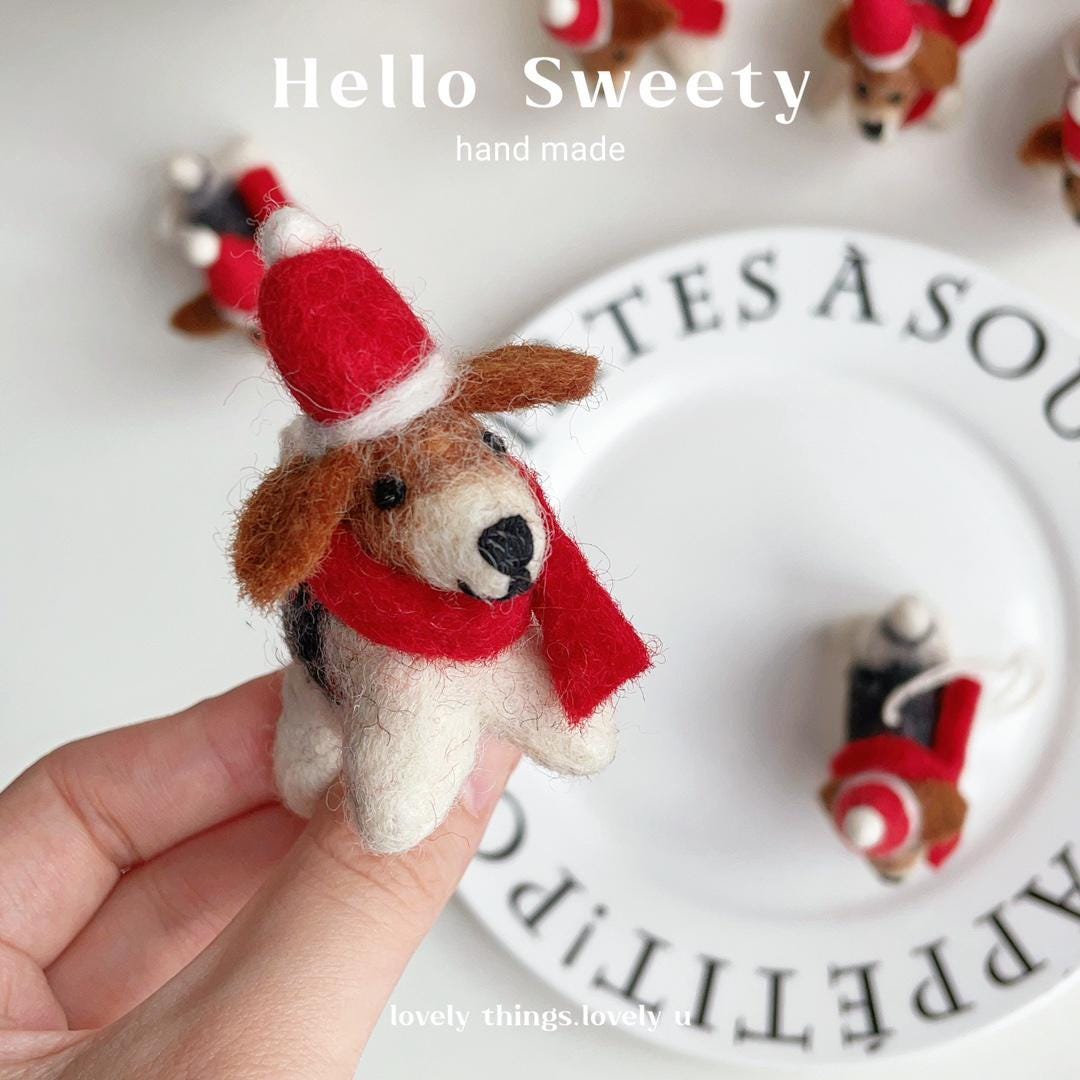 SALE! Ornament Wool Felted Dog With Fur Hat and Scarf | Christmas ...
