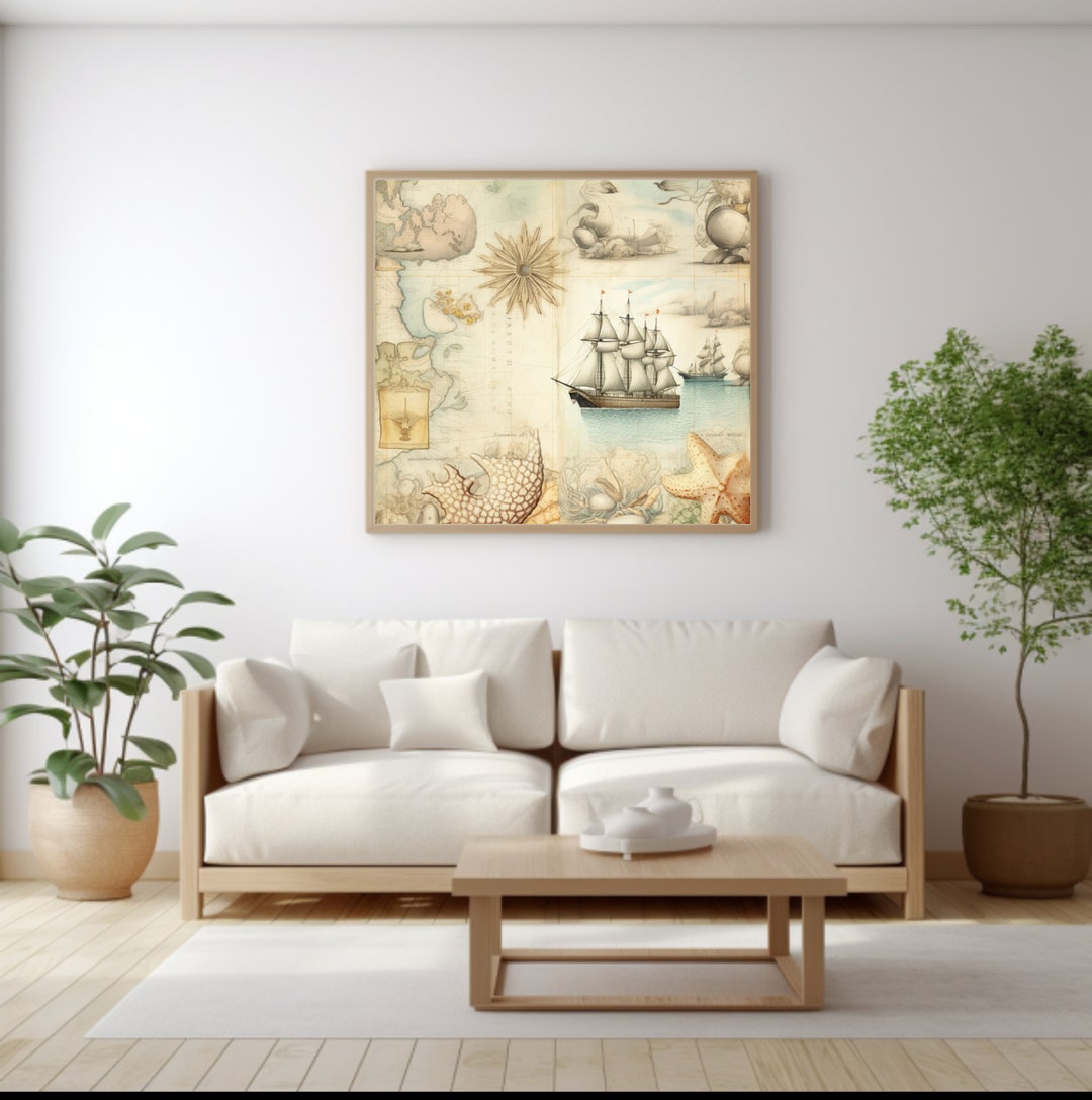 Medieval Sea With Faded Map, Sea Creatures and Shells - Etsy