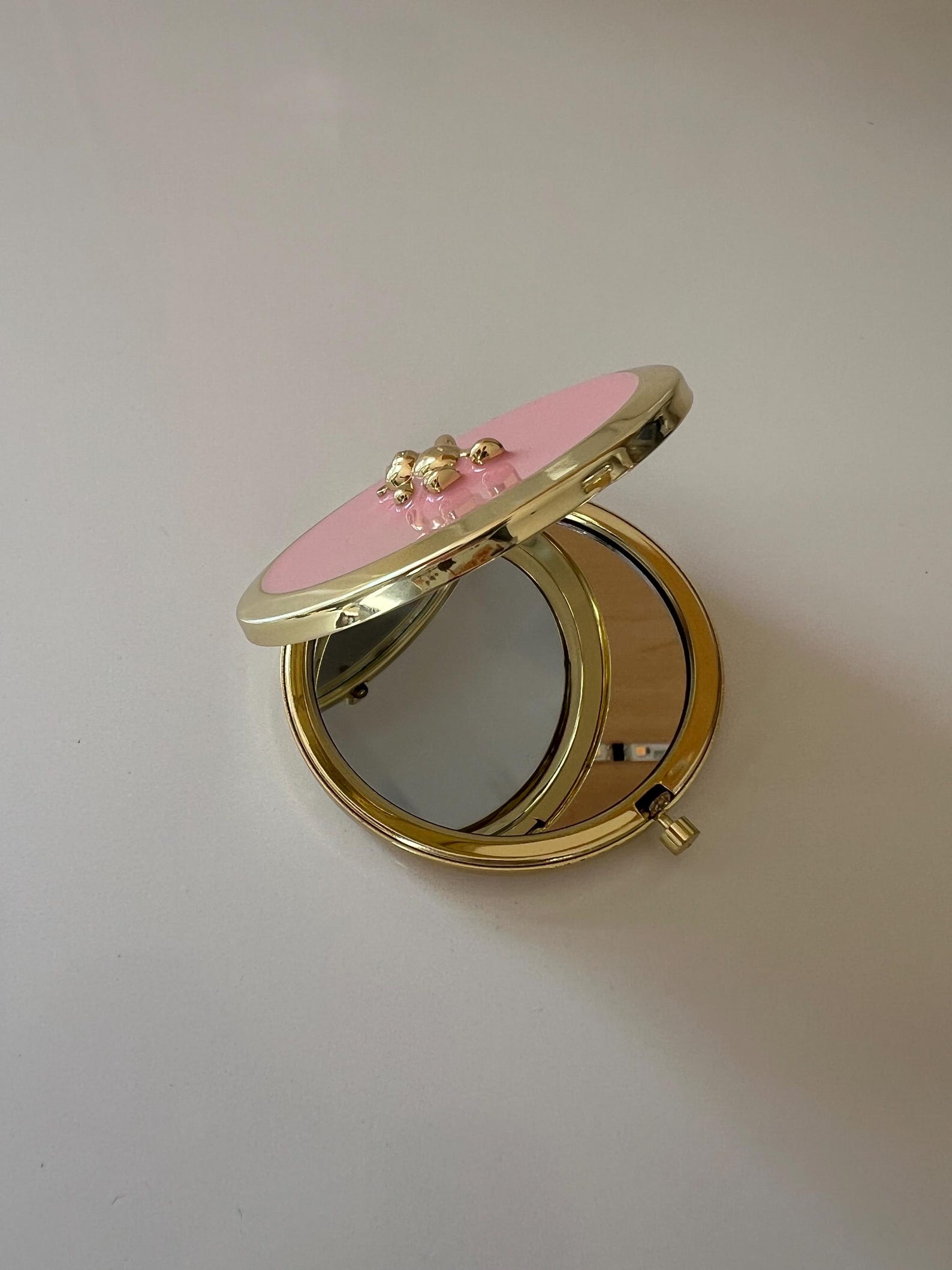Cute Pocket Mirror, Brass Teddy Bear on Bubblegum Pink Glossy Resin ...
