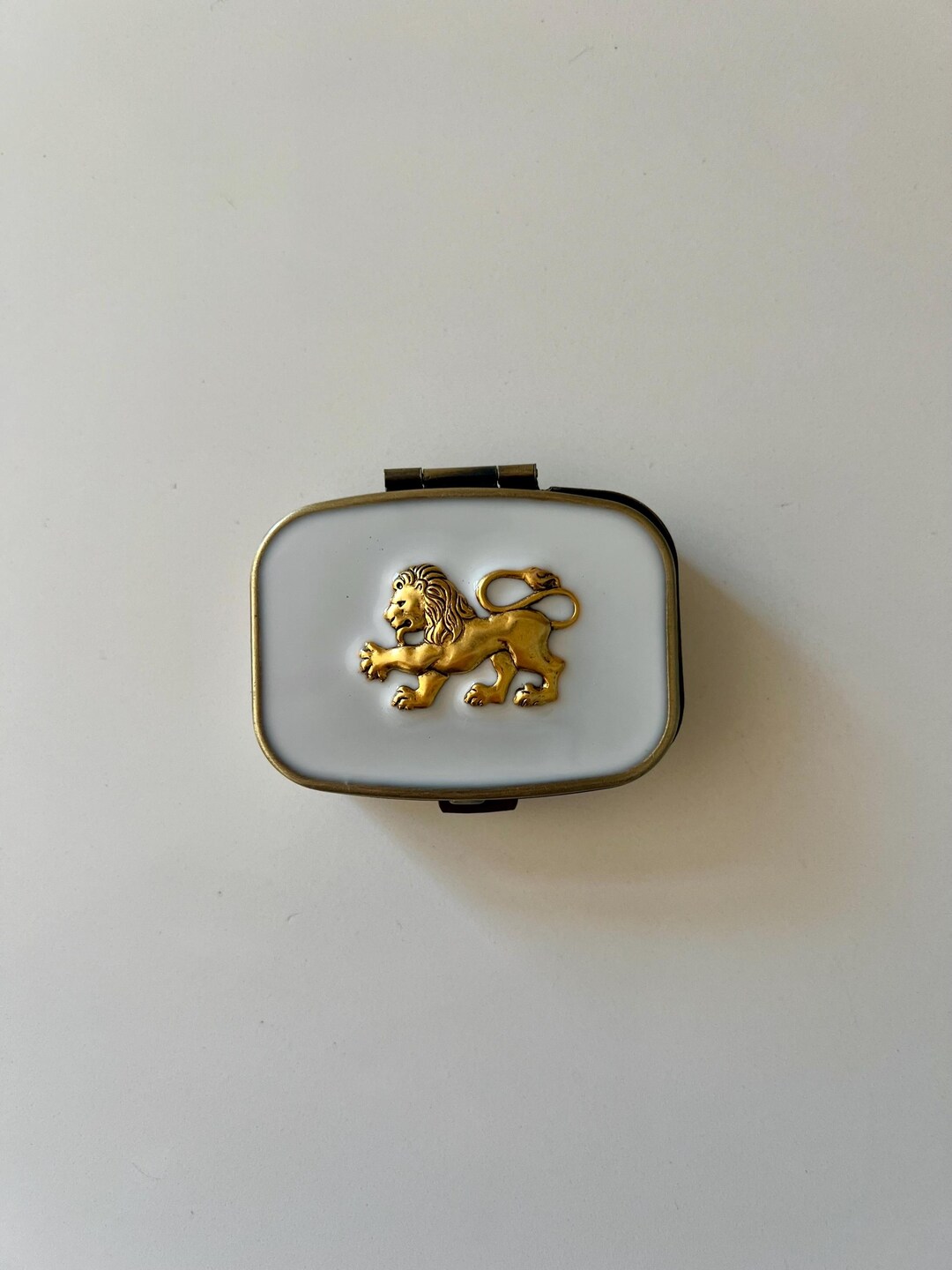 Pill Box With Brass Lion on White Glossy Resin, Gift for Mom, Dad ...