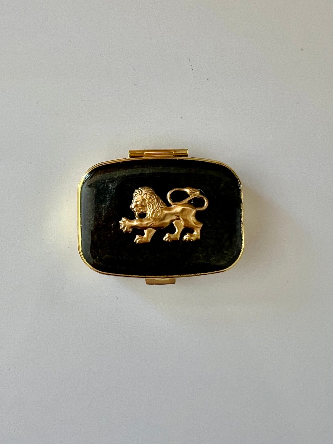 Pill Box With Brass Lion on Black Glossy Resin, Gift for Mom, Dad ...